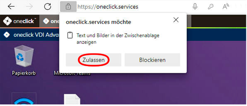 Granting access permission in the browser | oneclick™ Knowledge Base